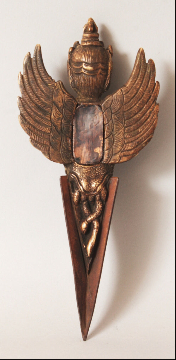 A Phurba Bronze parcel gilt ritual dagger in box. Early 20th century